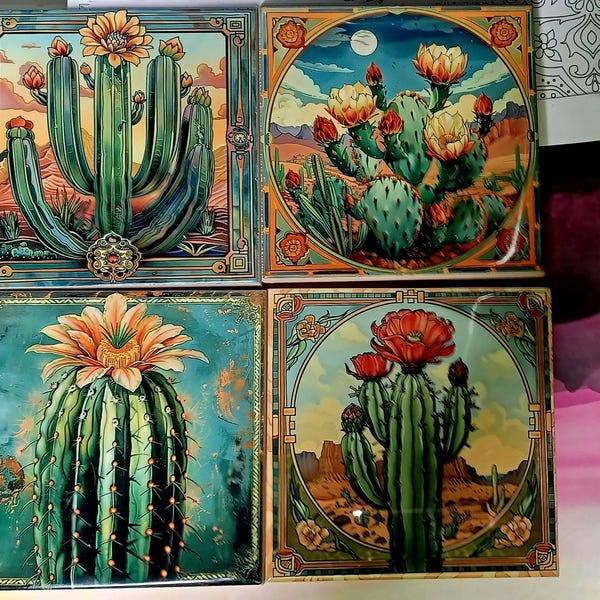 Cactus Art Nouveau Decorative Tile | Drink Coaster | Desert Home Decor ...