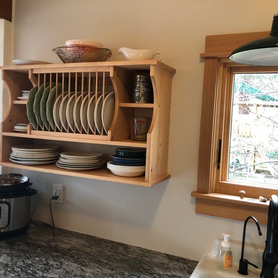 Kitchen Window Plate Rack Shelf Wood Dish Cabinet for Plates Mugs Tea ...