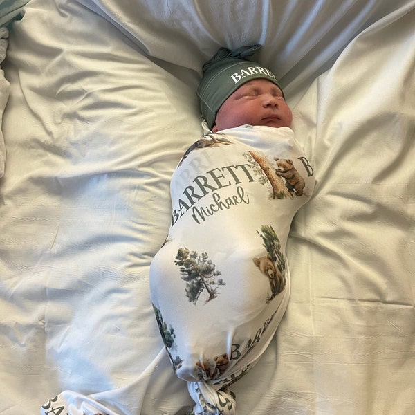 Baby Boy Bear Swaddle Set With Name- Beanie Hat -personalized Baby Boy Woodland Blanket -newborn ...