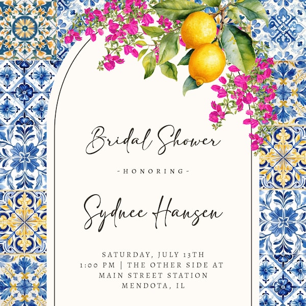 Editable Mediterranean Bridal Shower Invitation Template | Blue Tile ...