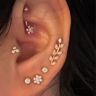 14k Solid Gold Flower Rook Earring Gold Rook Piercing Eyebrow Ring ...