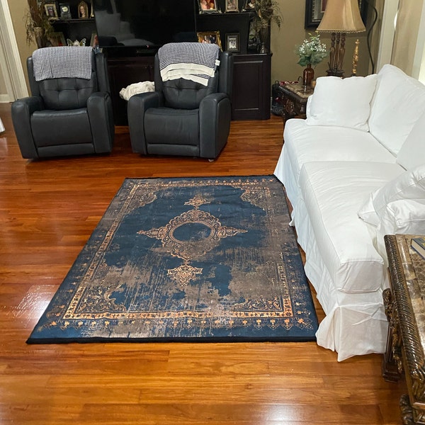 Navy Blue Distressed Medallion Rug, Vintage Style Area Teppich, Perfect ...