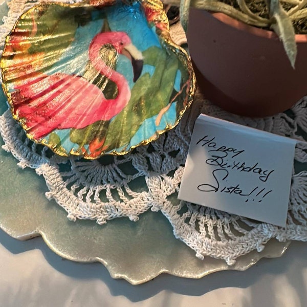 Flamingo Shell Jewelry Trinket Holder, Decoupaged Handmade Tropical ...