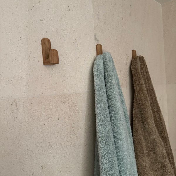 Self-adhesive Oak Wooden Rounded Wall Hooks Sets, Danish Oil Finish ...