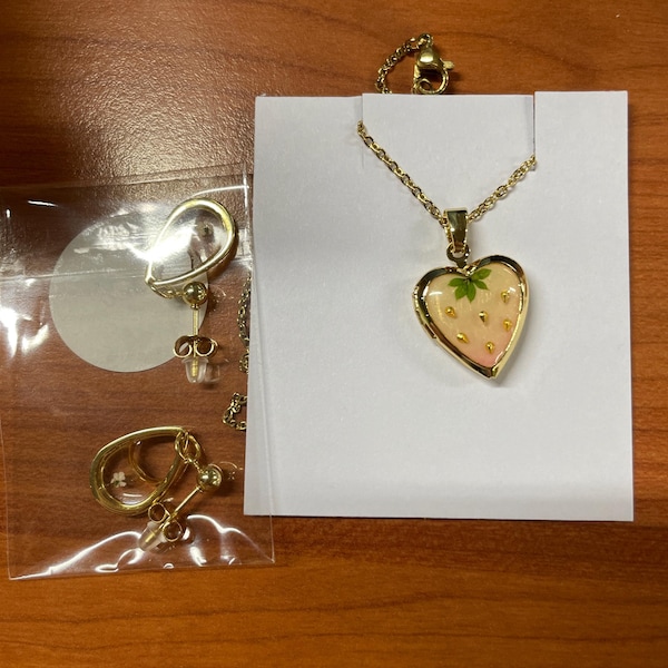 TINY Gold Strawberry Heart Photo Locket, Pastel Berry Necklace ...
