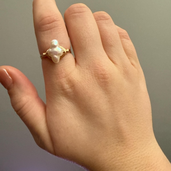 White Pearl Cross Ring: Wire Wrapped, Sterling Silver or Gold Filled ...