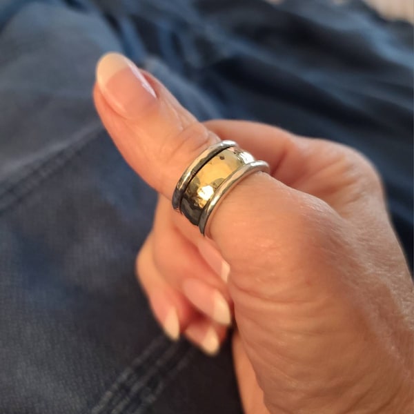 Handcrafted Unique Hammered Mixed Metal Ring Solid Gold Spinner Ring ...