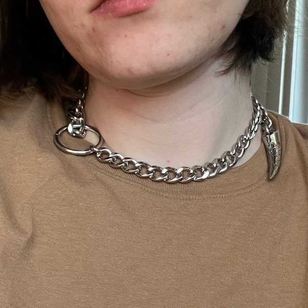 Silver Heavy Metal Steel Lariat Necklace With Steel Tusk Pendant - Goth ...