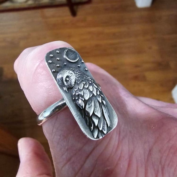 Owl Ring Sterling Silver Moon Owl Ring Barn Owl Ring Owl Jewelry Witch ...