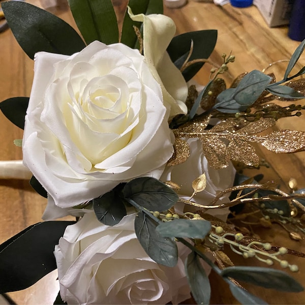 White Roses Lilies Wedding Bouquet: Gold Blings, Dark Greenery - Etsy