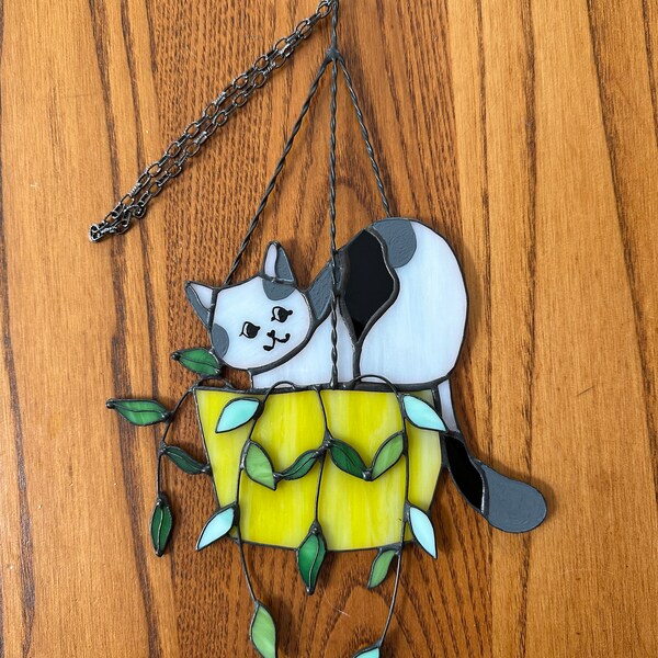 Cat in a Flowerpot Suncatcher Stained Glass Window Hangins Glass Wall ...