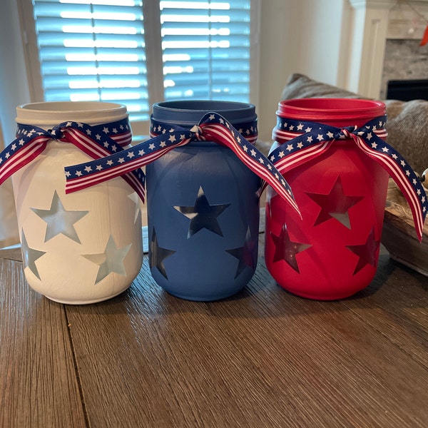 Set of Patriotic Painted Mason Jar Tea Light Candle Holders, Painted ...