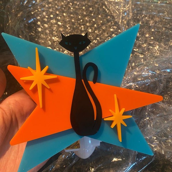 Mid Century Modern Night Light Black Cat Acrylic Design Atomic Plug in ...