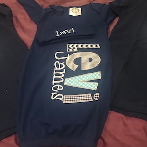 Personalized Navy Baby Gown and Hat. Grey, Aqua and Navy. Baby Coming ...