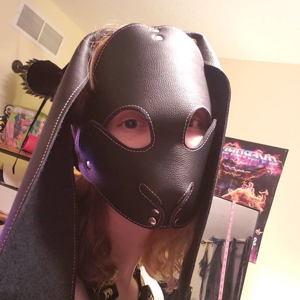Black Leather Bunny Rabbit Pet Play Hood With Pink Stitching - Etsy
