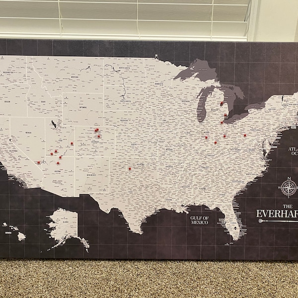 Navy USA Push Pin Map Personalized Canvas, Custom Travel Map, Detailed ...