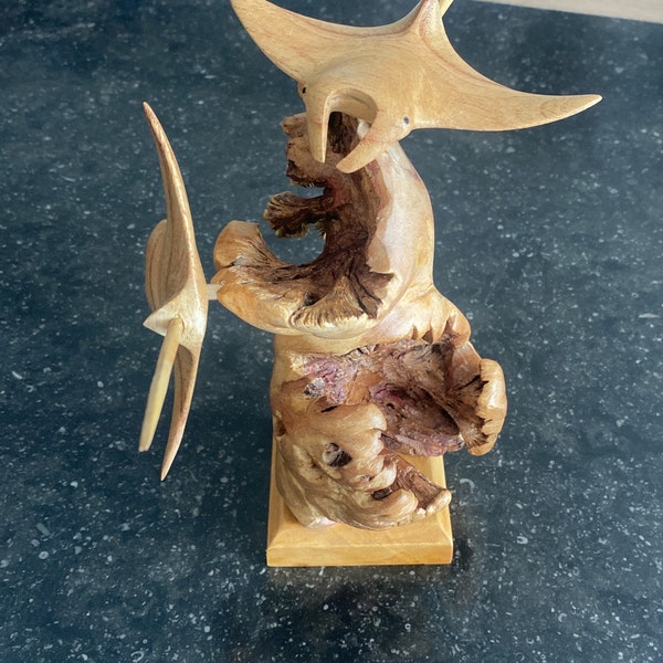 Wooden Manta Ray Couple Sculpture, Art Piece, Exotic, Figurine, Fish ...