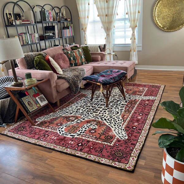 Leopard Pattern Rug Red & Blue Stunning Carpet Animal Print Rug for ...