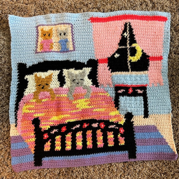 Goodnight Kitty Crochet Tapestry Pattern / Wall Hanging / Wall Art ...