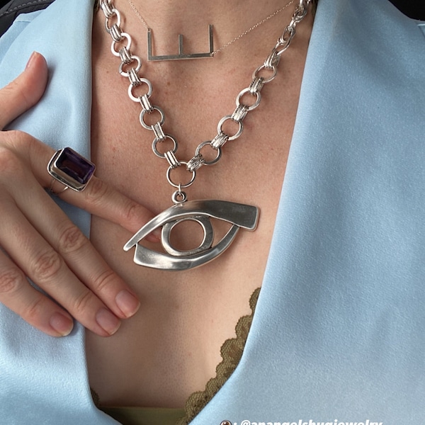 Silver Large Evil Eye Protection Necklace, Antique Silver Chunky Chain ...