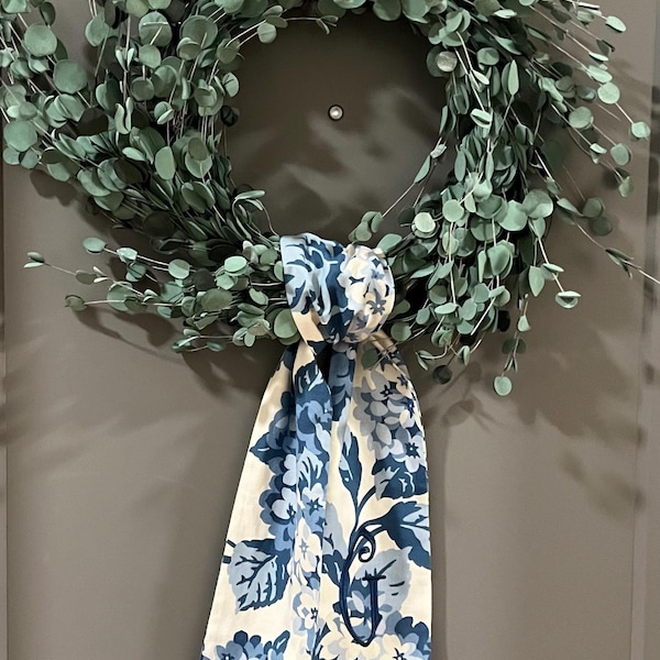 Monogram Floral Chinoiserie Wreath Sash for Front Door, Personalized ...