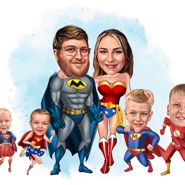 Custom Superhero Family Cartoon Portrait, Family Portrait, Family Gift ...