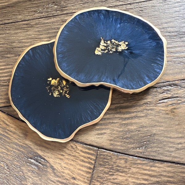 Resin Coaster Set-dark Navy Agate Geode Resin Coasters With Gold ...