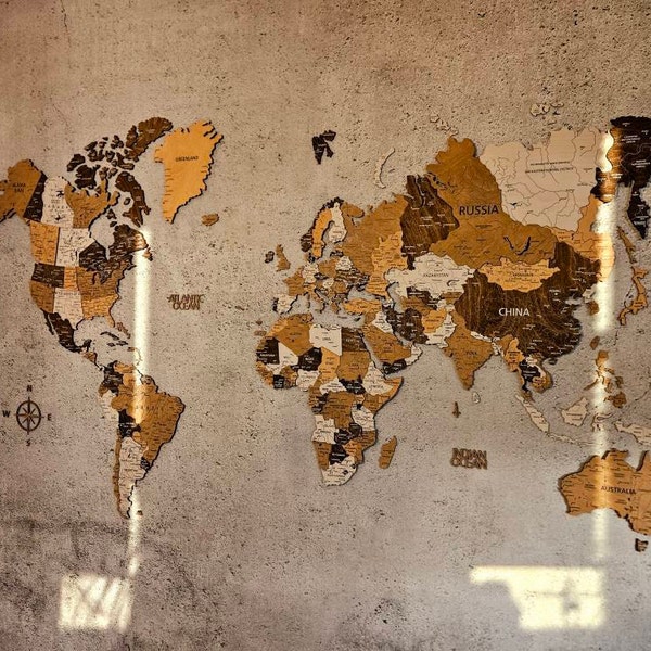 3D Wooden World Map Office Wall Art Decor, Wood World Map Accent Wall ...
