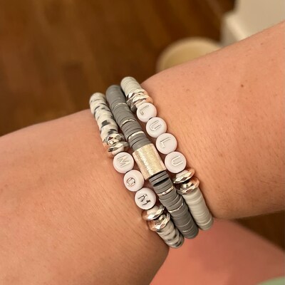 Brushed Gold Bar Bracelet Stackable Bracelet 6mm Heishi Beads Mothers Day Gift Neutral Bracelet ...