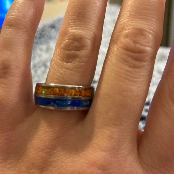 Orange Fire Blue Ice Crushed Opal Ring Set Inlaid on Stainless Steel ...