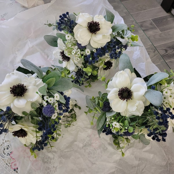Silk Anemone Wedding Bouquet, Navy Blue Wildflowers, Eucalyptus Thistle ...