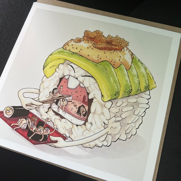 Sushi Roll Art Print Eating Humans // Illustrated Wall Art, Original ...