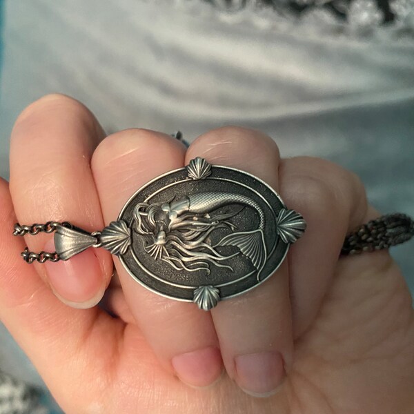 Mermaid Siren Charm Oxidized Silver Necklace, Anchor Mermaid Pendant ...