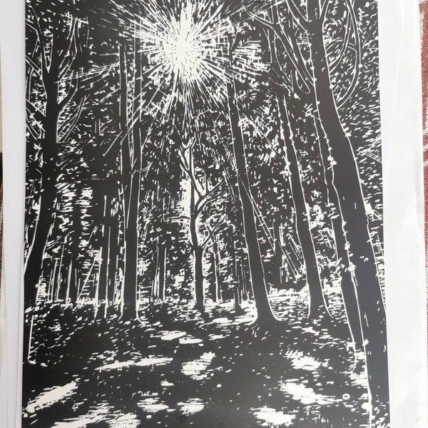 Sunburst Original Lino Print/black and White/a4 Linocut/woodland Block ...