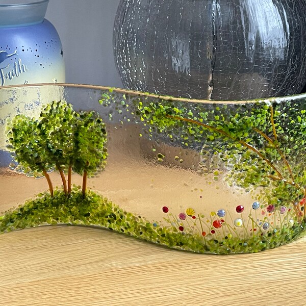 Tea Light-candle Display-hedgehog and Flowers-glass Plaque-fused Glass ...