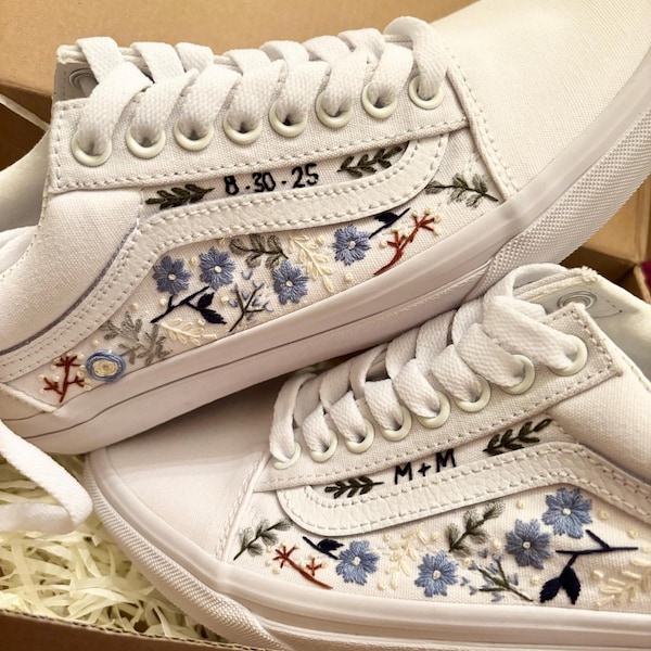 Wedding Vans for Bride and Groom, Blue Flowers Embroidered Vans Custom ...