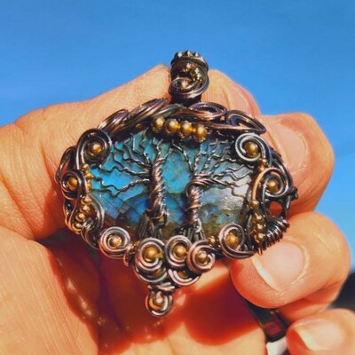 Attractive Design Two Tree Copper Wire Woven Pendant, Bumble Bee Jasper ...