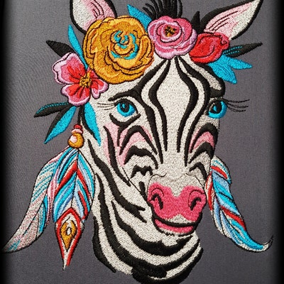 Zebra Embroidery Design, Boho and Flowers Motif, Pattern for Machine ...