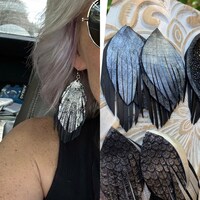 Black Genuine Leather Feather Earrings , Soft Flowy Leather, Long ...