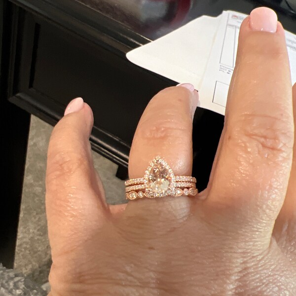 Pear Shaped Morganite Engagement Ring Bridal Set Rose Gold Stacking ...