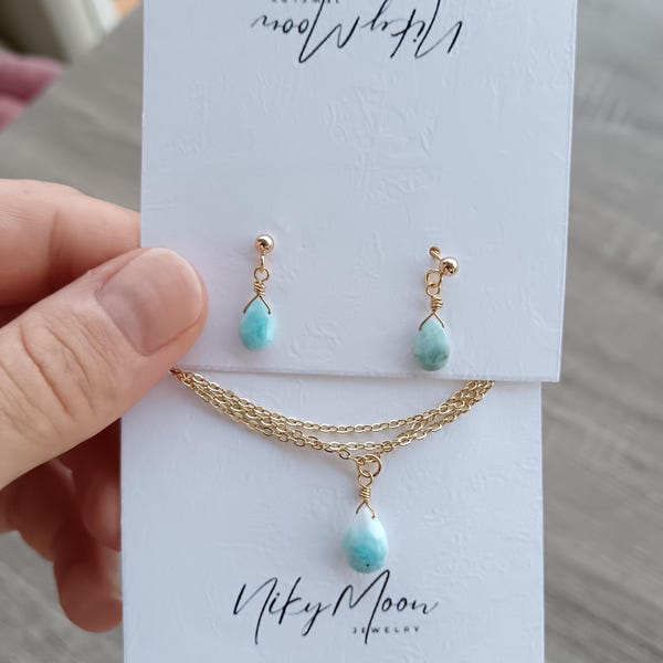 Wire Wrapped Larimar Teardrop Pendant Necklace Gold / Minimalist ... Wire Wrapped Larimar Teardrop Pendant Necklace Gold / Minimalist ...