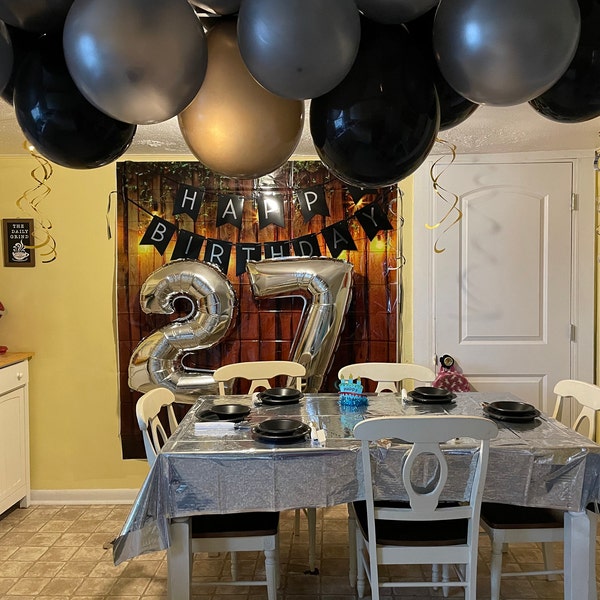 27th Birthday Party Pack Black & Silver Happy Birthday Bunting, Balloon ...