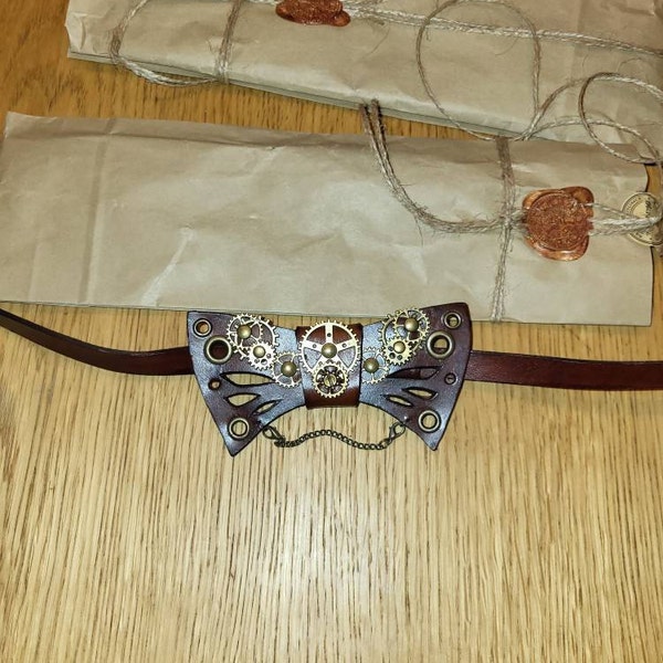 Steampunk Brown Leather Bow Tie, Gear Clockwork Bow Tie, Adjustable ...