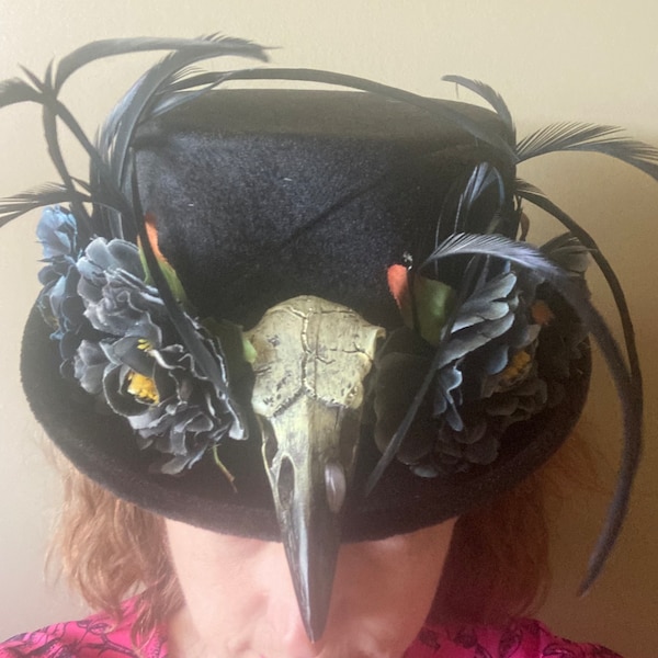 Crow Skull Top Hat | Red or Blue Floral | Vampire Voodoo Victorian ...