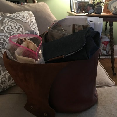 Brown Leather Knitting Bag, Leather Bag for Knitting or Crochet, Yarn ...