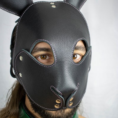 Black Leather Bunny Rabbit Pet Play Hood With Pink Stitching - Etsy
