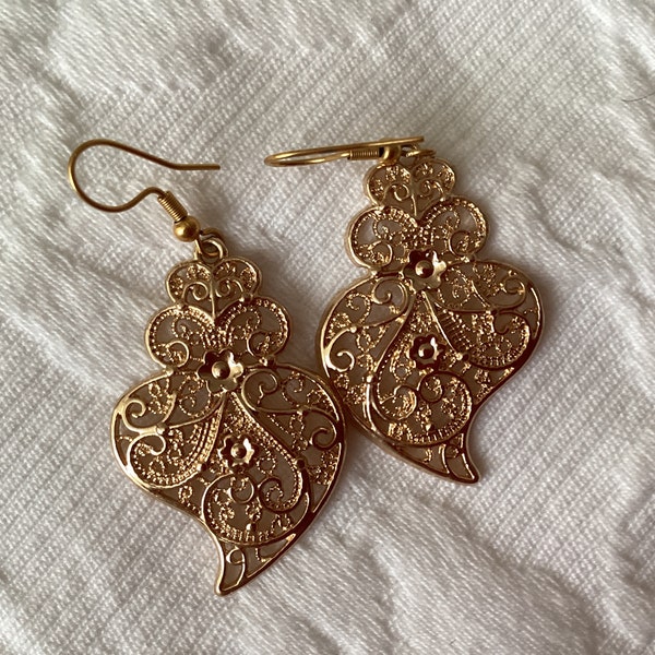 1 Pair of Portuguese Filigree Earrings Gold 4 Cm Charm Heart Flower ...