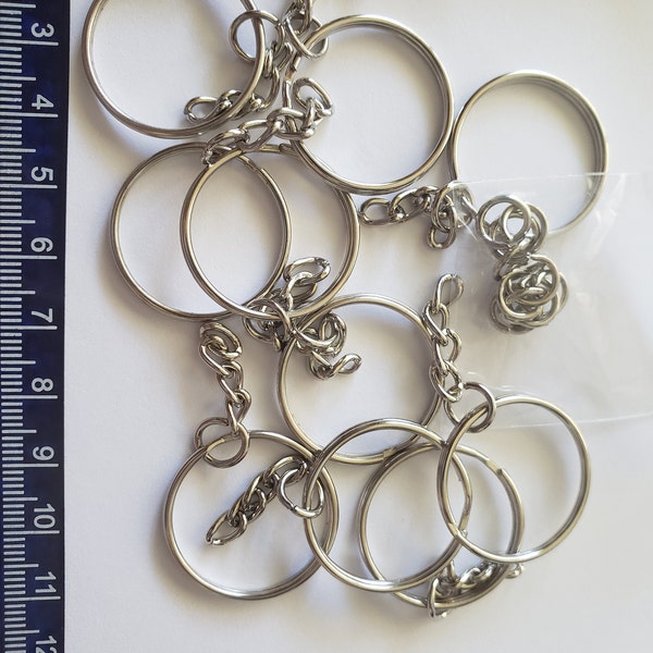 Ten (10) - Silver Key Chain Rings With Attached Chain, 1 Inch Split Key ...