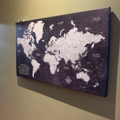 Grey Push Pin World Map Personalized 1-panel Canvas, Custom Travel Map ...