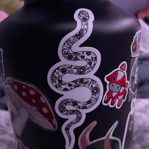 Black Floral Snake Sticker | Laptop Sticker | Waterproof Water Bottle ...